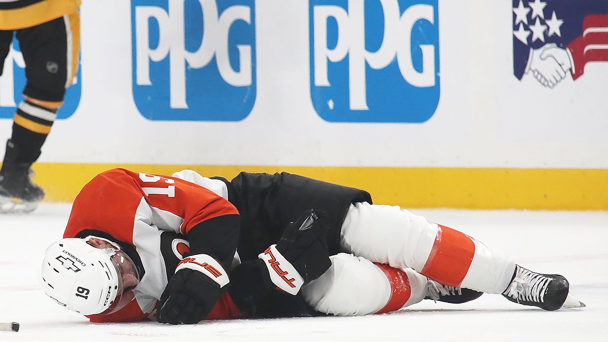 Flyers’ Garnet Hathaway exits after taking hit from Penguins’ Bokondji ...
