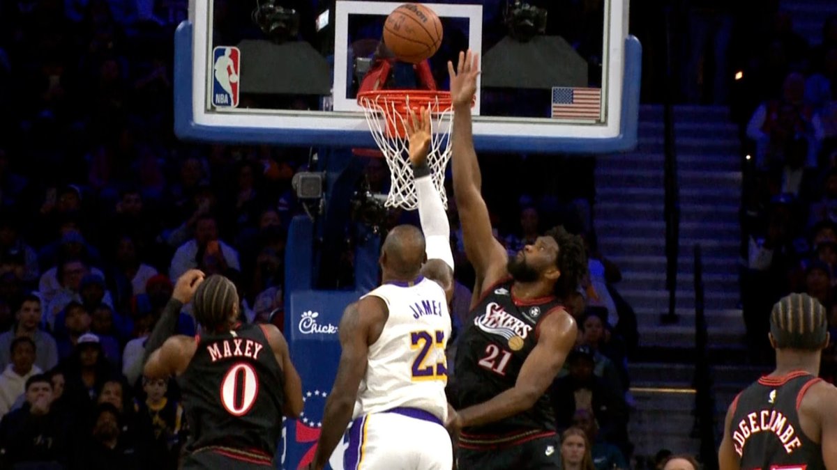 Watch Joel Embiid blocks LeBron James Sixers vs Lakers highlights – NBC ...